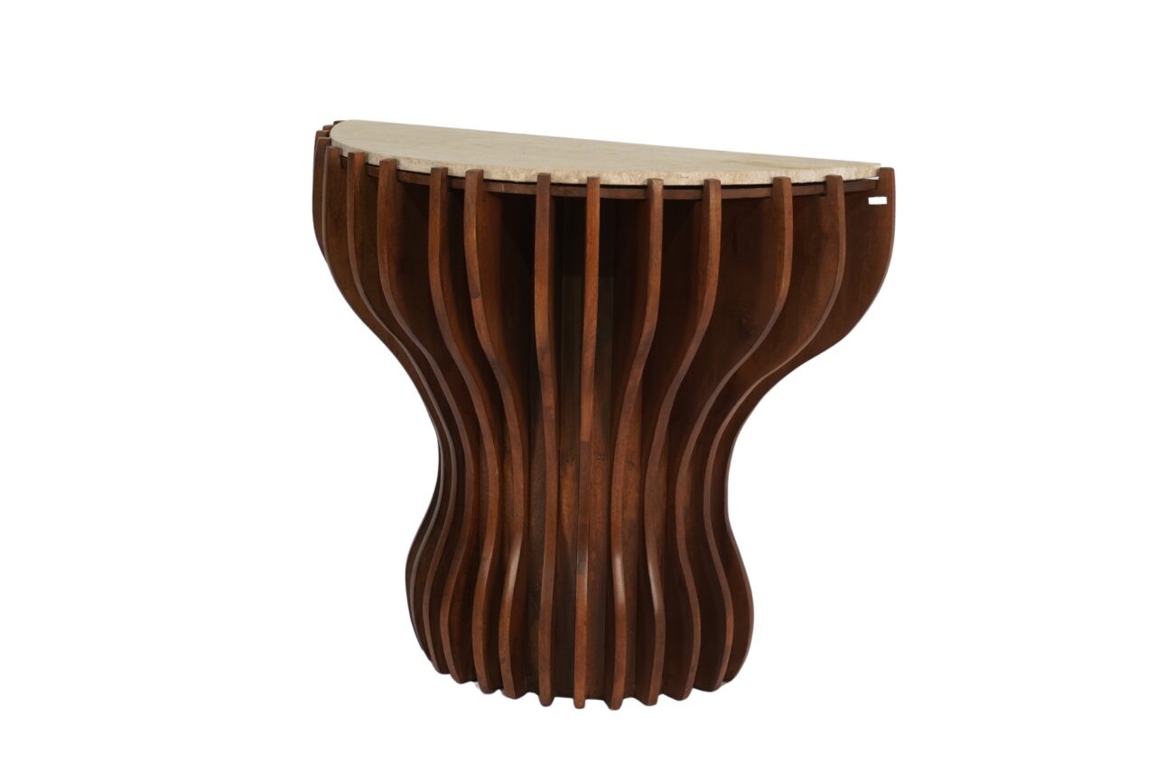 Wooden striped curved design console with travertine stone top ...